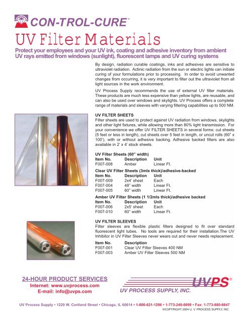 UV Filter Materials - UV Process Supply