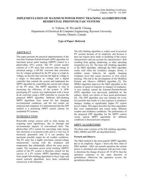 Implementation Of Maximum Power Point Tracking Algorithm For