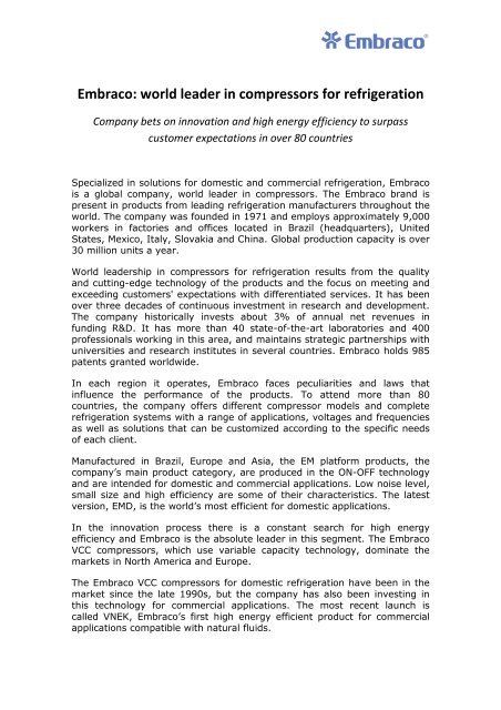 Embraco world leader in compressors for refrigeration