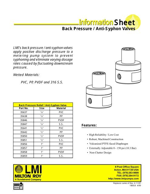 Back Pressure / Relief Vale Data Sheet