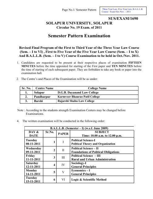 Semester Pattern Examination - Solapur University