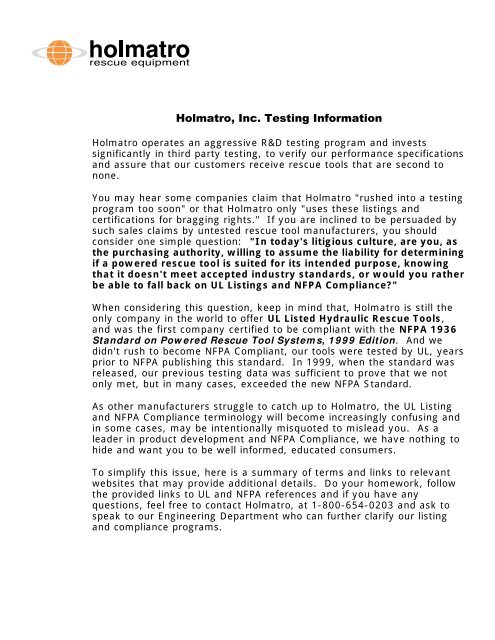 Holmatro USA - Third Party Testing Summary - ESI Equipment, Inc.
