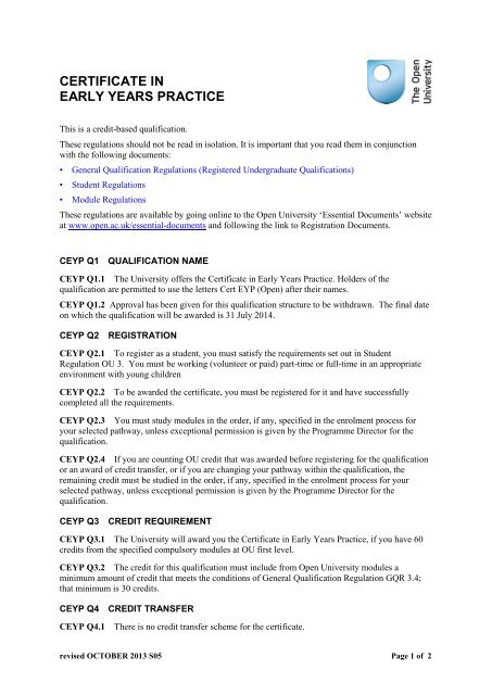 Certificate in Early Years Practice - The Open University