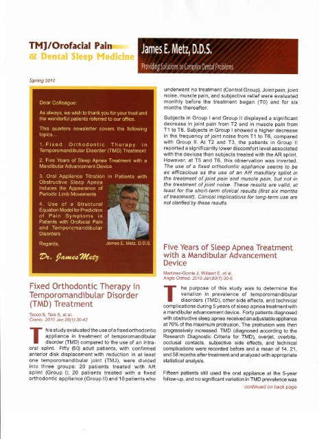 TMJ/Orofacial Pain & Dental Sleep Medicine - James Metz DDS.
