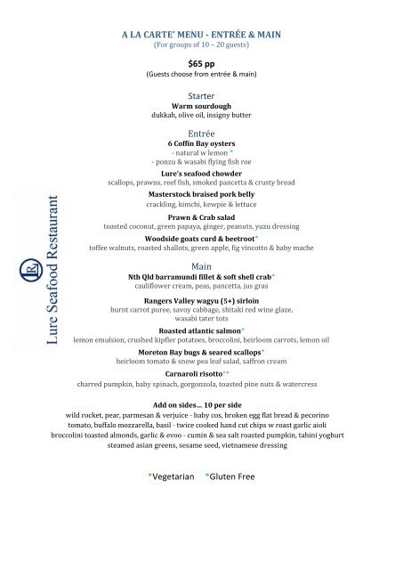 A LA CARTE' MENU - ENTRÃ E & MAIN $65 pp Starter ... - Menulog
