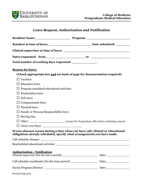 Leave Request, Authorization and Notification - College of Medicine