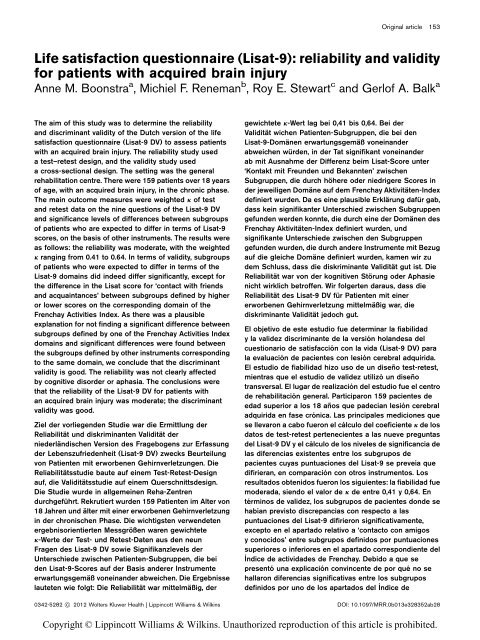 Life satisfaction questionnaire (Lisat-9): reliability and validity for ...