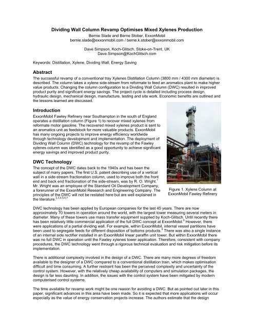Dividing Wall Column Revamp Optimises Mixed Xylenes Production