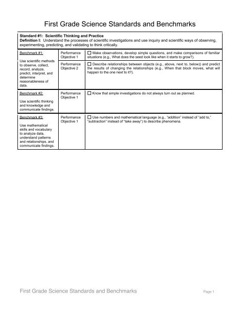 First Grade Science Standards and Benchmarks