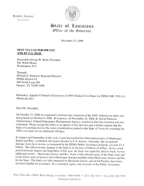 Letter on Hurricane Ike Cost Share - Louisiana Recovery Authority