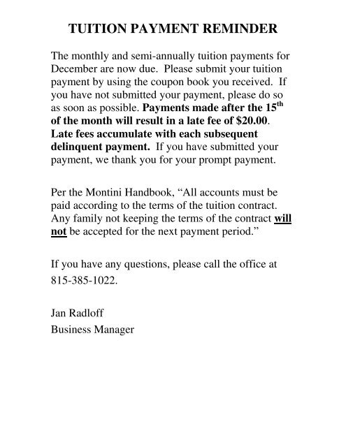 TUITION PAYMENT REMINDER - Montini Catholic School