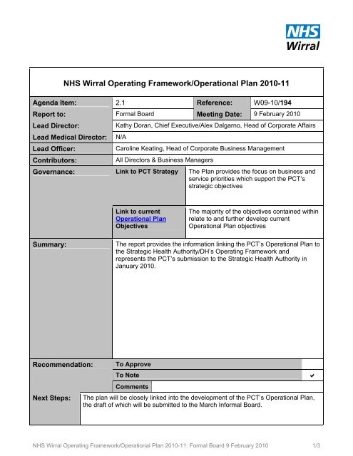 NHS Wirral Operating Framework/Operational ... - NHS North West