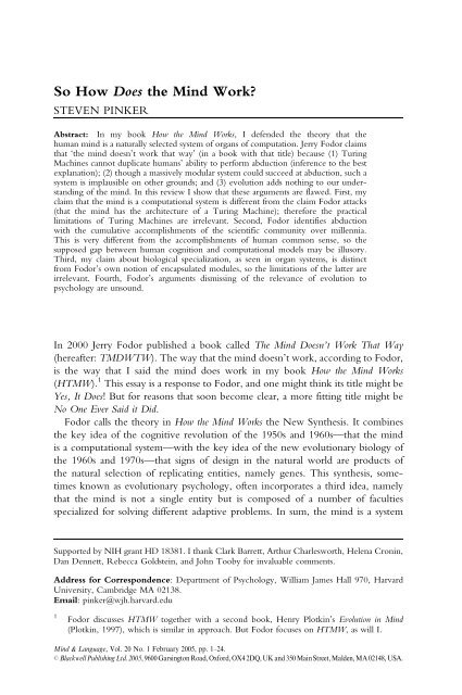 So How Does the Mind Work? - Steven Pinker - Harvard University