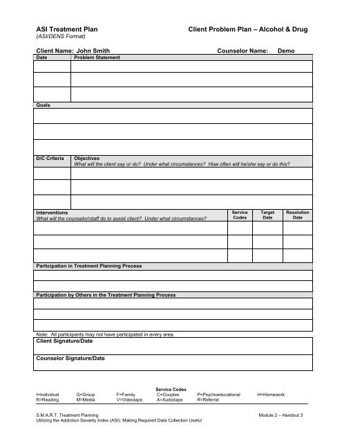 ASI Treatment Plan Client Problem Plan â Alcohol & Drug