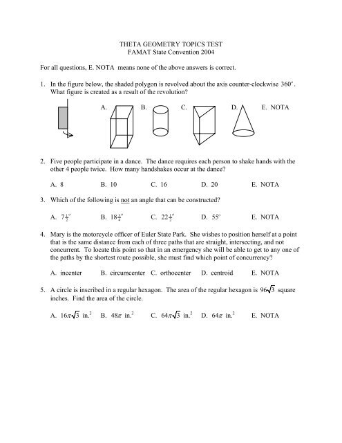 THETA GEOMETRY TOPICS TEST - Mu Alpha Theta