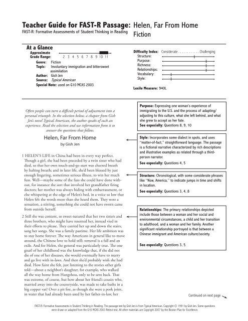 Teacher Guide for FAST-R Passage: Helen, Far From Home