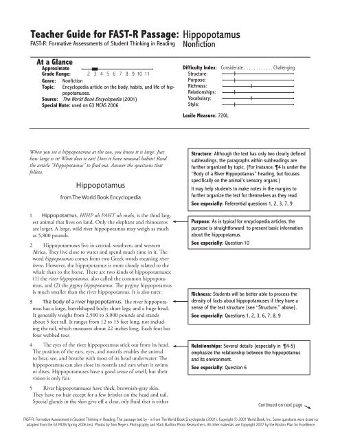 Teacher Guide for FAST-R Passage: Hippopotamus