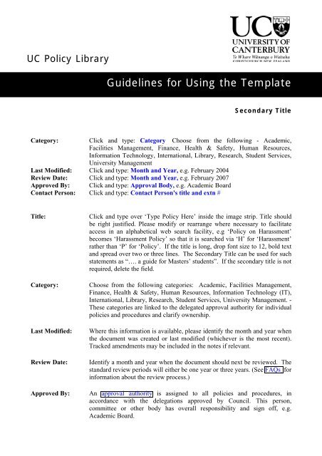 Guidelines for Using the Template - University of Canterbury