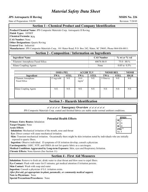 Material Safety Data Sheet - JPS Glass