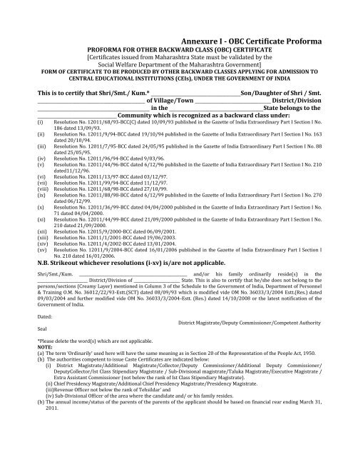 Annexure I - OBC Certificate Proforma - CCB