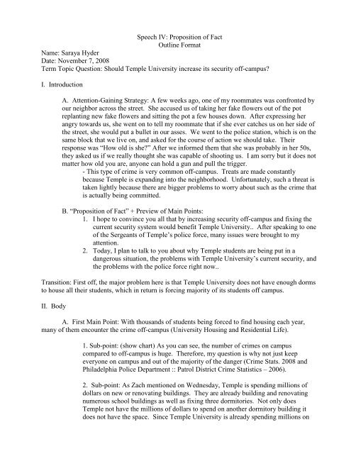 Speech IV: Proposition of Fact Outline Format ... - Temple Fox MIS
