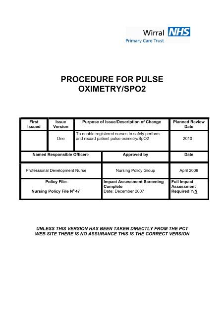 PROCEDURE FOR PULSE OXIMETRY/SPO2