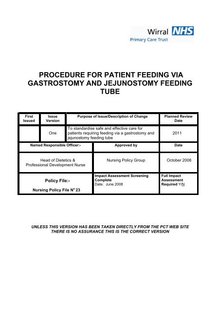 procedure for patient feeding via gastrostomy and jejunostomy ...
