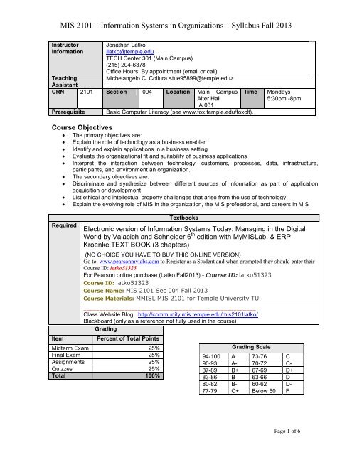 MIS2101 Syllabus Latko - Temple Fox MIS - Temple University