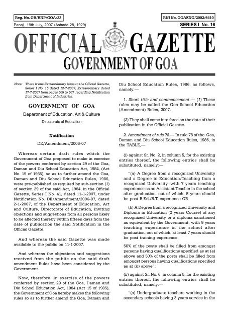 GOVERNMENT OF GOA - Government Printing Press