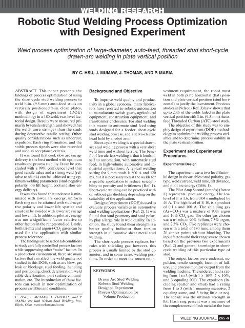 Robotic Stud Welding Process Optimization with Designed Experiment
