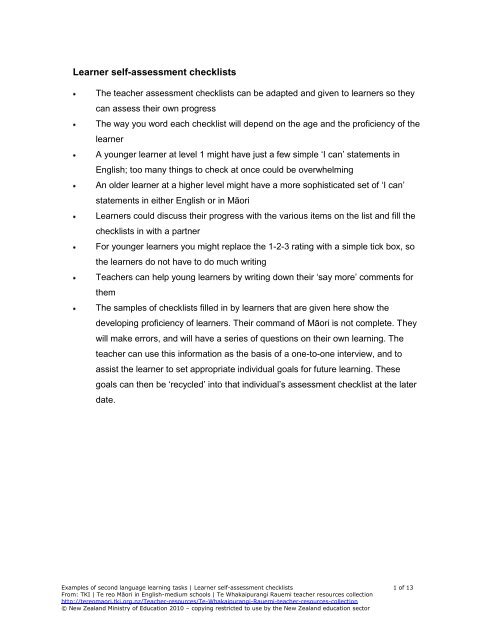 Assessment checklist for Level 1 Achievement ... - Te reo MÄ ori