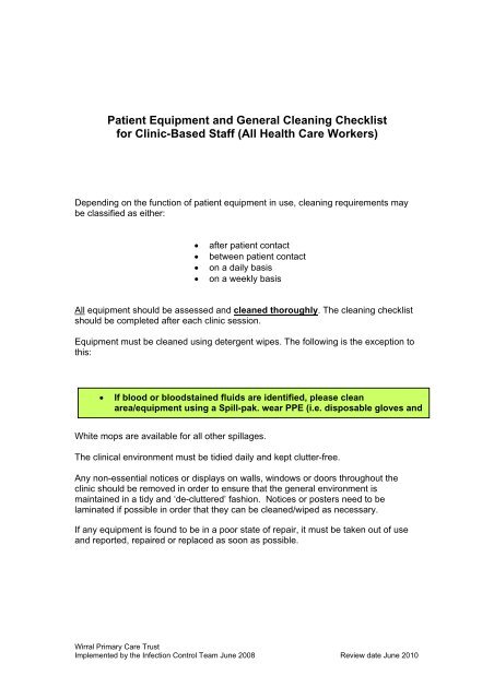 draft patient equipment and general cleaning check-list for ward ...