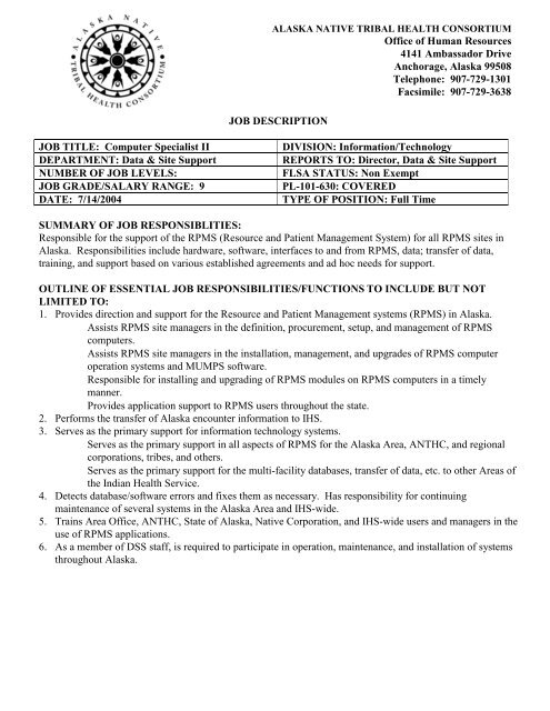 JOB DESCRIPTION JOB TITLE: Computer Specialist II ... - ANTHC