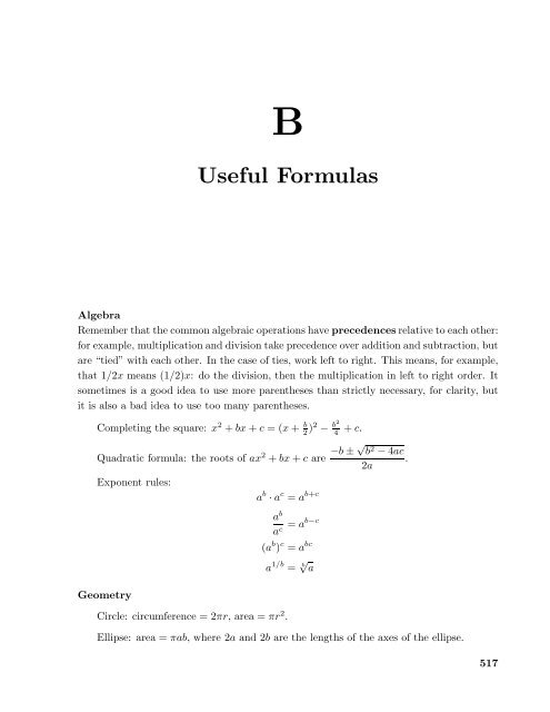 Appendix B Useful Formulas Appendix B Useful Formulas