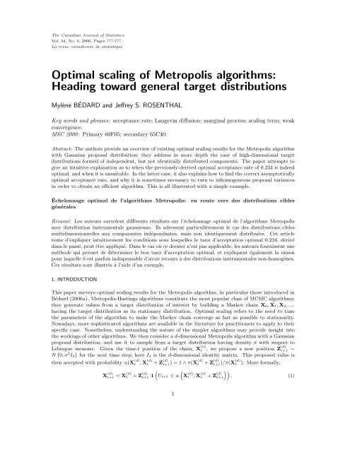 Optimal Scaling Of Metropolis Algorithms DÃ©partement De