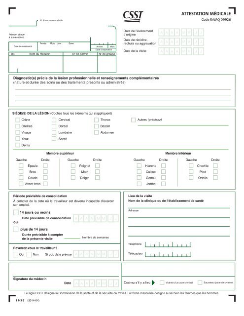 TÃ©lÃ©charger le PDF (311 ko )Attestation mÃ©dicale - CSST