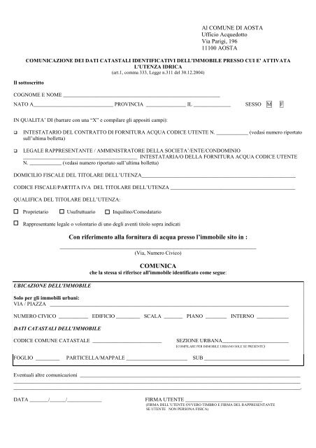 MODULO PER COMUNICAZIONE DATI ... - Comune di Aosta