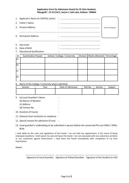 of 2 Application Form for Admission Hostel for SC Girls Students