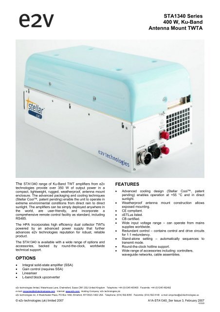 STA1340 Series 400 W, Ku-Band Antenna Mount TWTA - e2v
