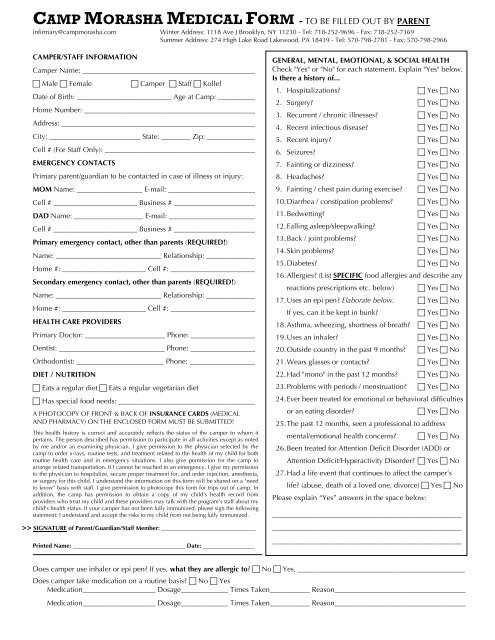 CAMP MORASHA MEDICAL FORM - TO BE FILLED OUT BY PARENT