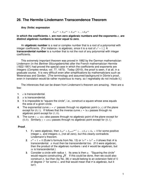 26. The Hermite-Lindemann Transcendence Theorem