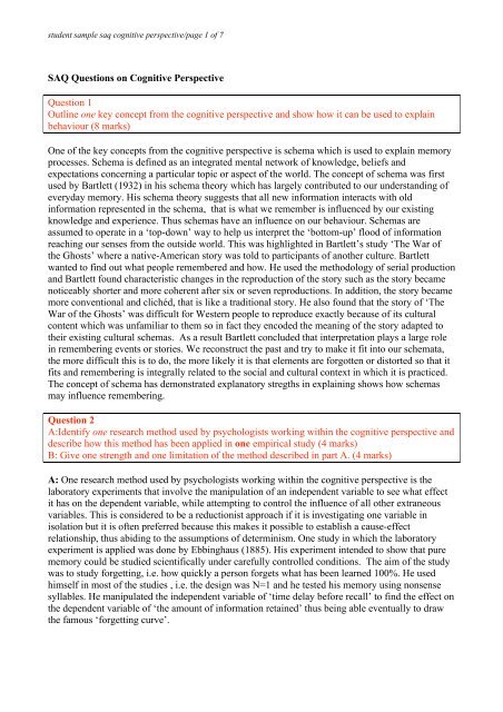 SAQ Questions on Cognitive Perspective Question 1 Outline one ...