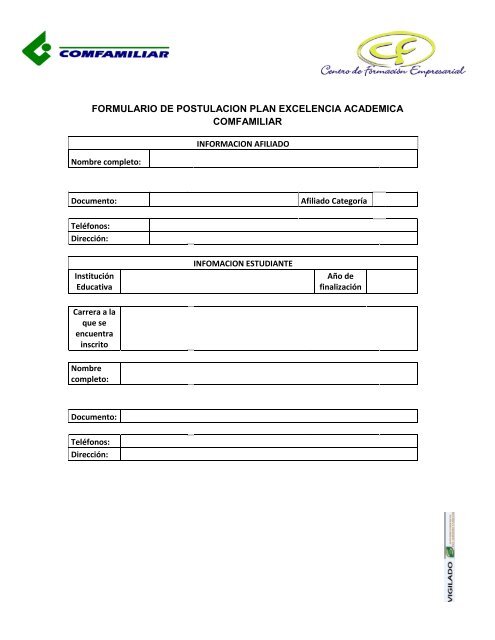 formulario de postulacion plan excelencia ... - Comfamiliar Huila