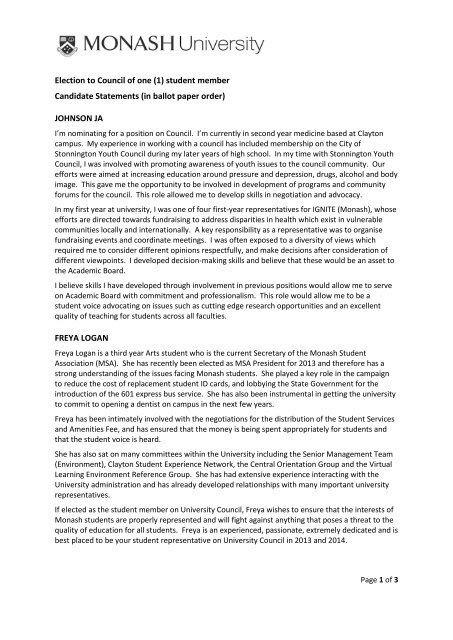 Candidate Statements - Adm.monash.edu - Monash University