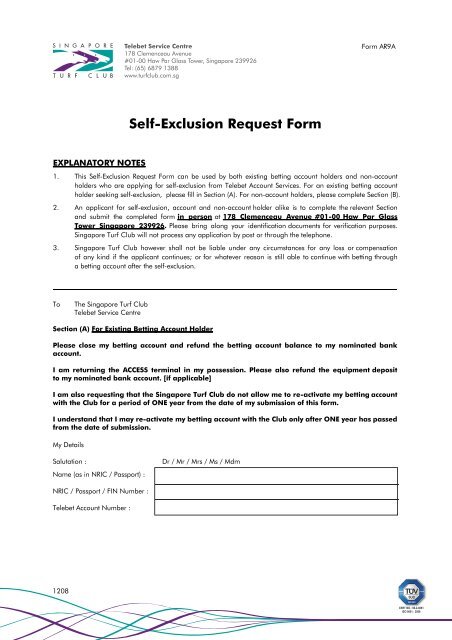 Self-Exclusion Request Form - Singapore Turf Club