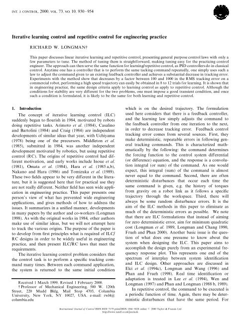 Iterative learning control and repetitive control for engineering practice