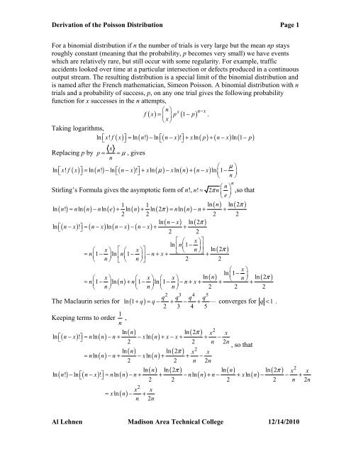 Derivation of the Poisson Distribution - Madison Area Technical ...