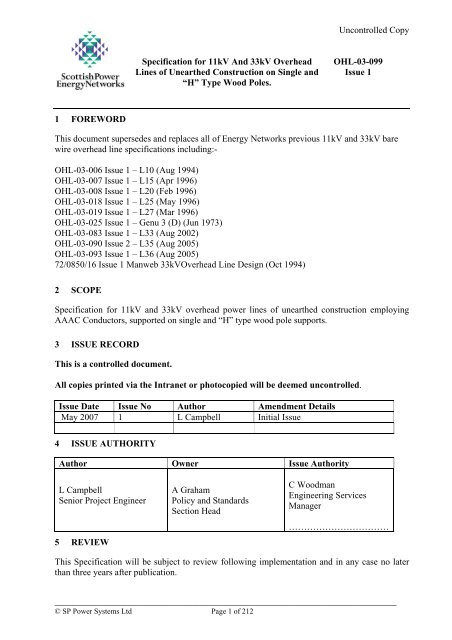 Uncontrolled Copy Specification for 11kV And 33kV Overhead Lines ...