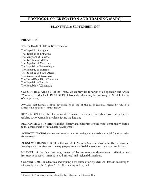 PROTOCOL ON EDUCATION AND TRAINING (SADC) - Unctad XI