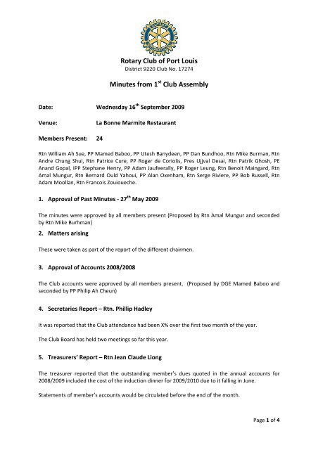 Rotary Club of Port Louis Minutes from 1 Club Assembly